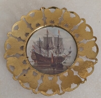 Vintage Brass Framed Copper Ship Picture W/ Butterfly Accents England ...