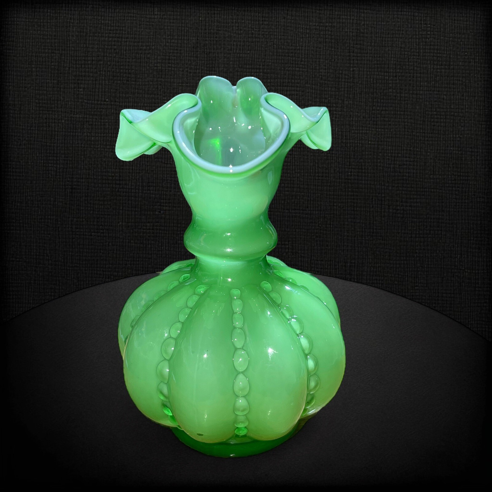 6” FENTON Glass Pitcher Vase Beaded Melon Green Overlay Vintage ...