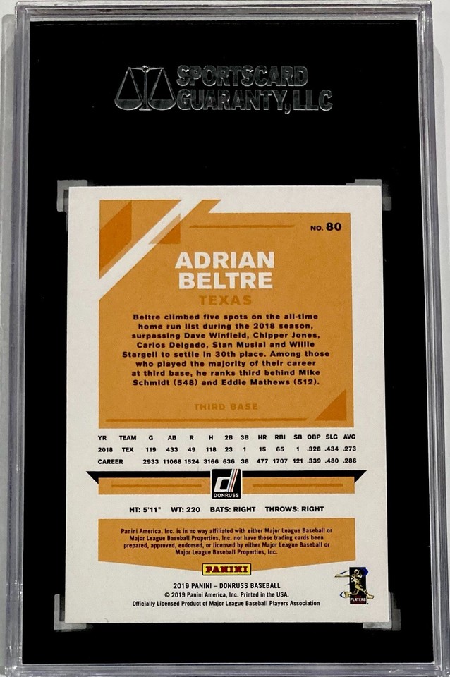 2019 Donruss #80 Adrian Beltre SGC 10 GOLD LABEL PRISTINE | eBay