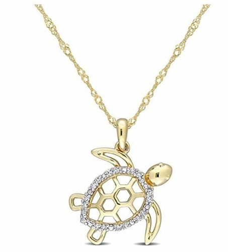 0.30 CT Certified Natural Diamond Sea Turtle Pendant 10K Yellow Gold 18 ...