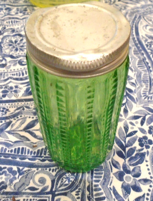Green Depression Glass Ribbed Jar 4-3/8" inches with screw on top | eBay