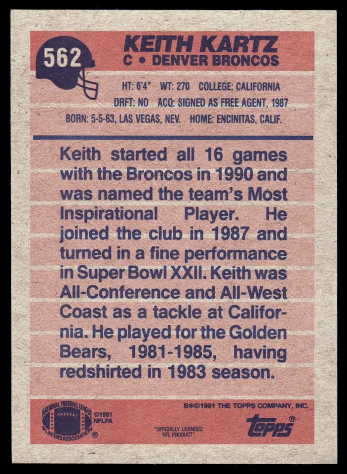 1991 Topps Keith Kartz Rookie Denver Broncos #562 | eBay