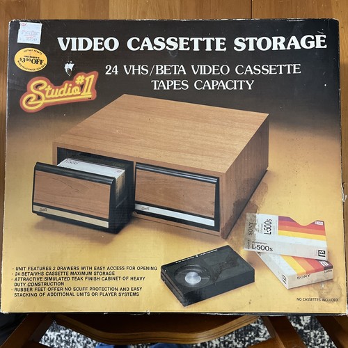 Vintage 2 Drawer VHS Video Tape Storage Cabinet Case in Box Wood Grain ...
