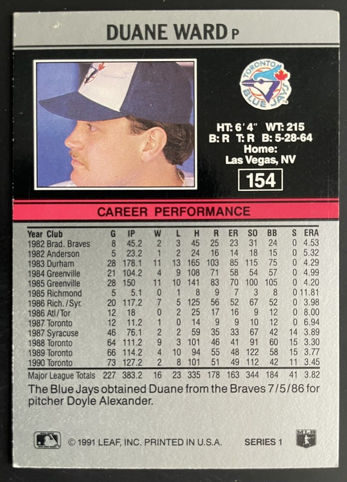 1991 Leaf Signed #154 Duane Ward Toronto Blue Jays Autographed Card | eBay