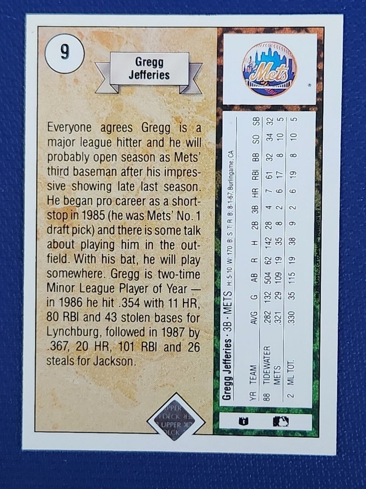 1989 Upper Deck Baseball Card Gregg Jefferies New York Mets #9 Rookie ...