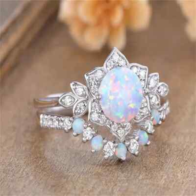 Elegant 925 Sterling Silver Rainbow Opal Charms Engagement Wedding Ring ...