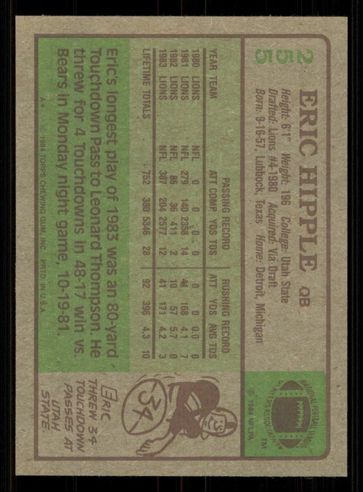 1984 Topps Eric Hipple Detroit Lions #255 | eBay