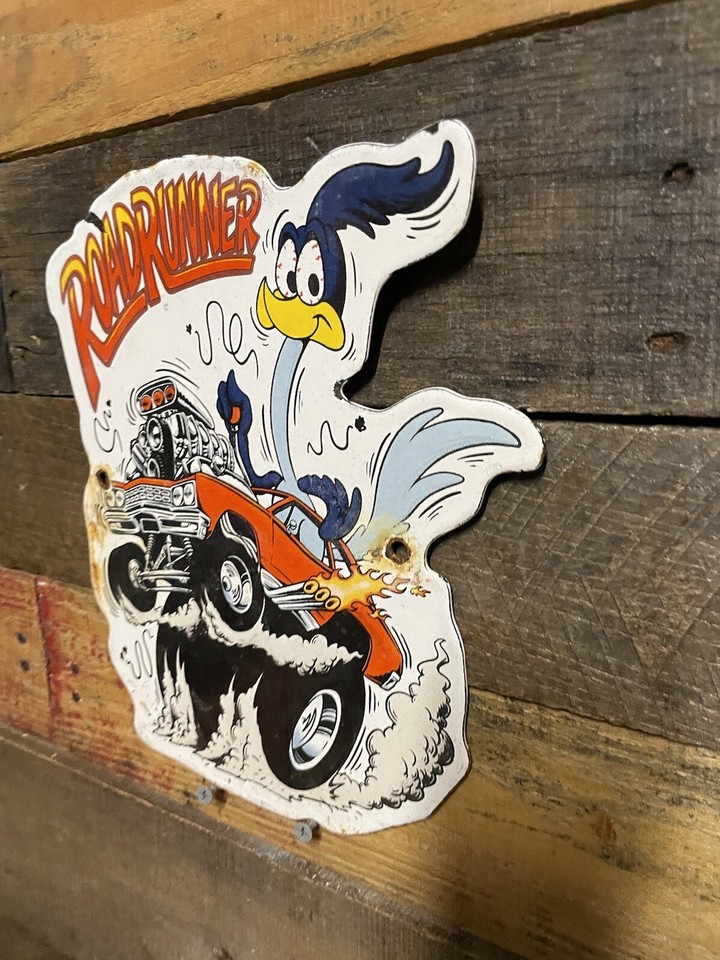 VINTAGE ROAD RUNNER PORCELAIN SIGN GAS STATION MOTOR OIL SERVICE LUBE ...