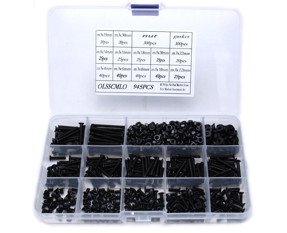945 Pieces M3 Small Machine Screws Nuts And Gaskets Flat Head Black ...