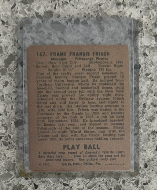 1940 Play Ball Frankie Frisch “The Fordham Flash” St. Louis Cardinals ...