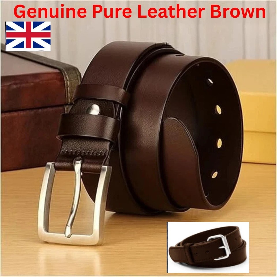 Mens Pure Leather Belt Belts Real New Buckle For Trouser Jeans Black ...