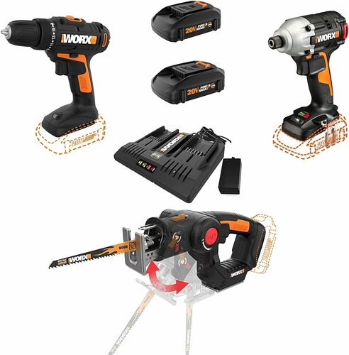 WX911L WORX 20V 3/8 in. Power Drill, 1/4" Impact Driver, AXIS Saw Combo ...