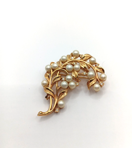 Vintage Crown Trifari Faux Pearl & Rhinestone Brooch Gold Tone Leaves | eBay