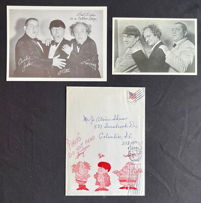 Three Stooges Photo & Postcard W/ "Curly Joe DeRita" Cartoon Envelope ...