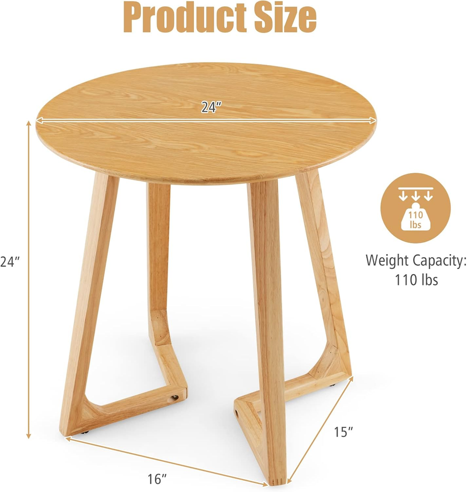 24” round Side Table, Solid Rubber Wood End Table, Compact Tea Table ...