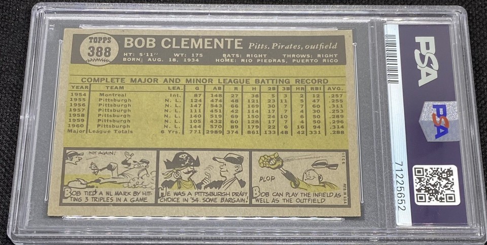 1961 Topps Baseball Roberto Bob Clemente #388 Pittsburgh Pirates PSA 6 ...