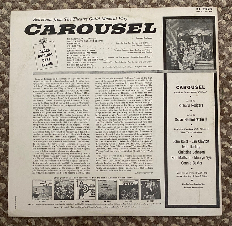 Carousel Original Cast Album Decca DL 9020 (1955) Vintage Vinyl LP ...