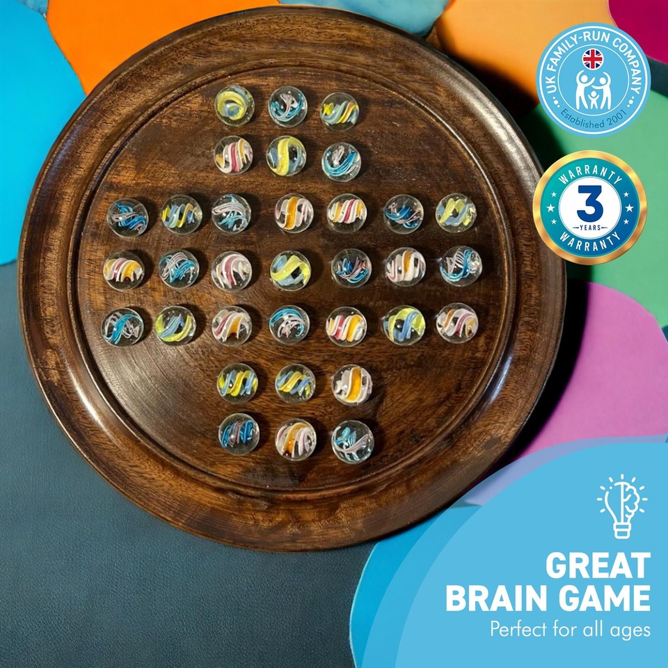 30cm Dark wood solitaire board game with Helter Skelter glass marbles ...