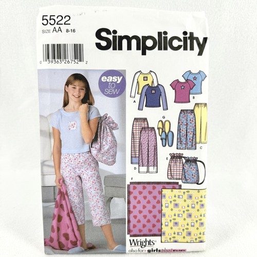 Simplicity 5522 Pajamas Pants Top Bag Slippers and Blanket Girls Sz 8 ...