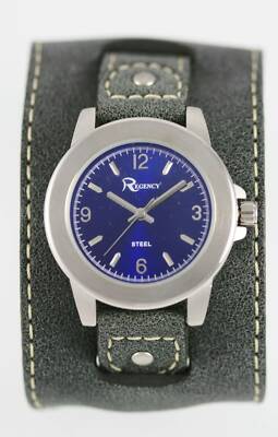 Regency Mens Watch Gray Leather Stainless Steel Silver 50m Battery Blue ...