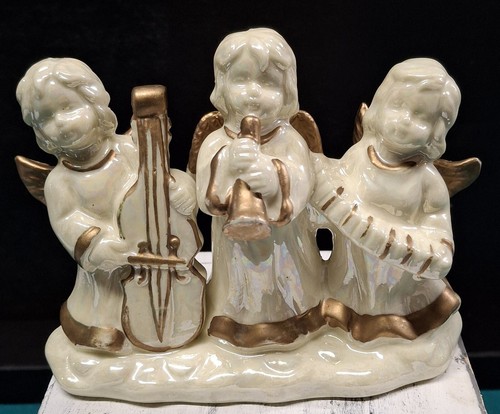 Vintage Porcelain Angels Playing Instruments Figurine Gold Accents 4" X ...