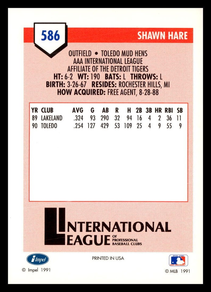 1991 Line Drive AAA #586 Shawn Hare Toledo Mud Hens Baseball Card | eBay