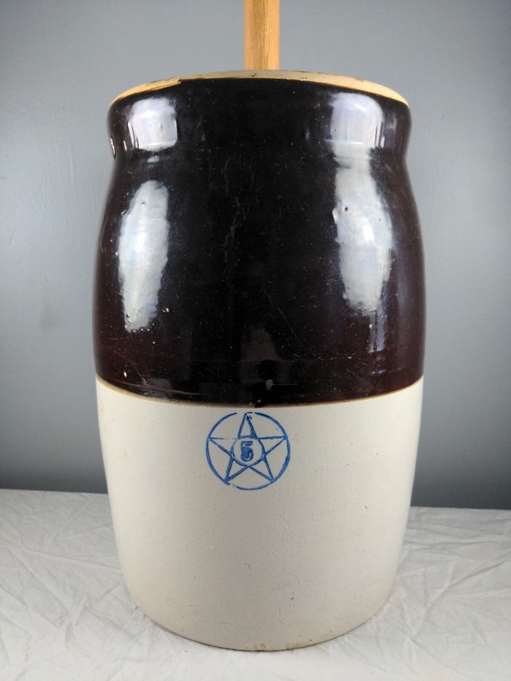 5 Gallon Stoneware Butter Churn - Blue Star Stoneware Co, Early 1900s ...