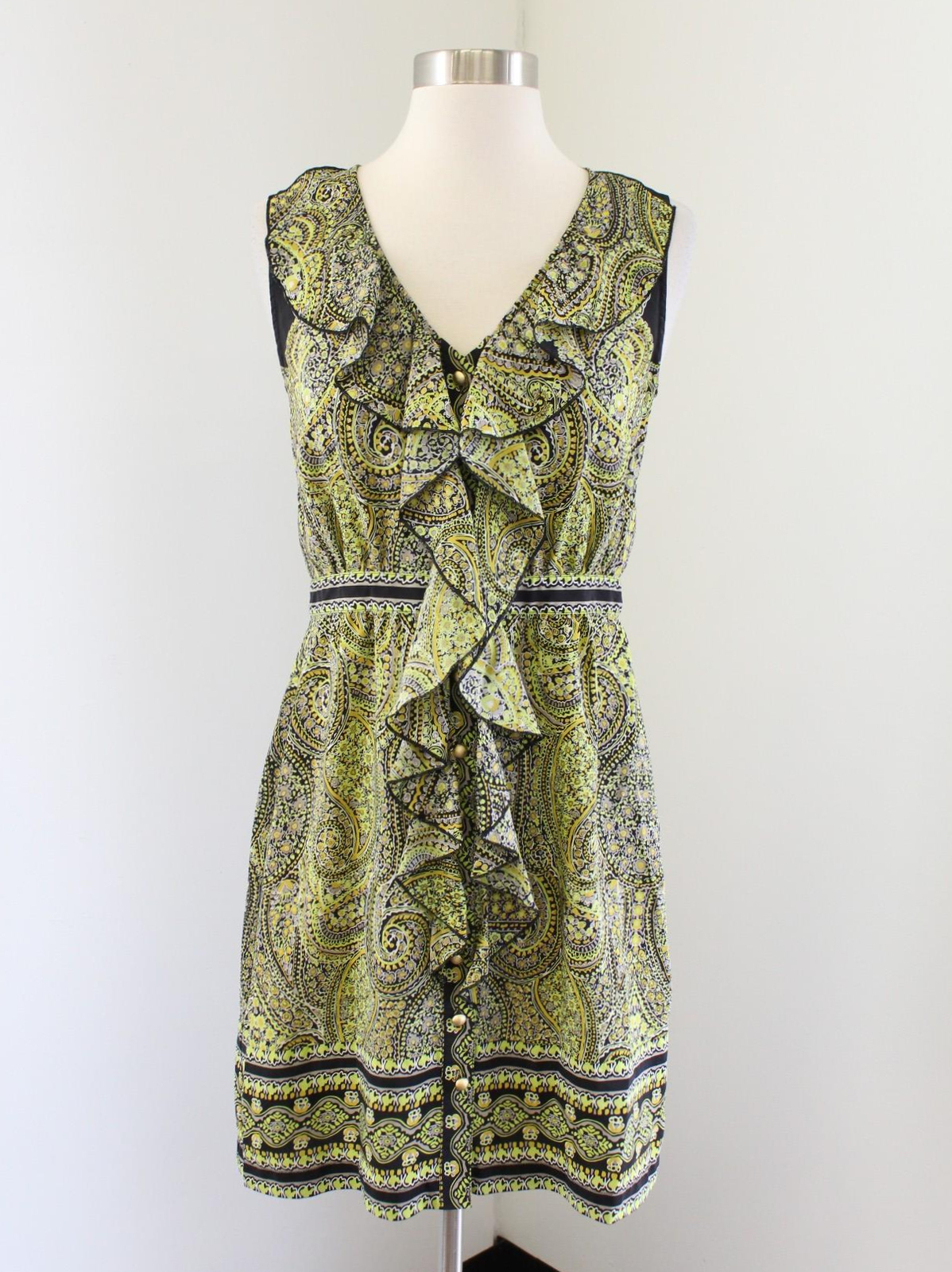 Beth Bowley Anthropologie Black Yellow Paisley Print Ruffle Front Dress ...