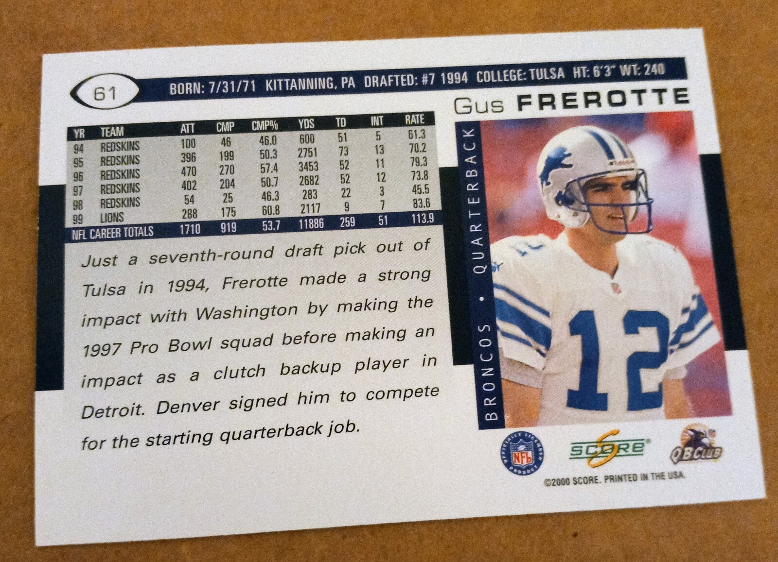 2000 Score Football Card #61 GUS FREROTTE . DENVER BRONCOS. | eBay