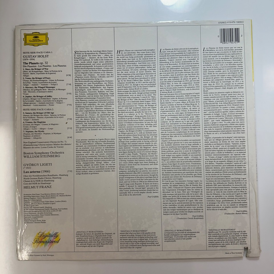 The Planets LP Record Vinyl Holst Steinberg Boston Symphony DG Galleria ...