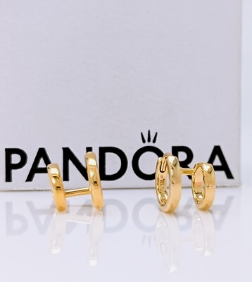 New 100% Authentic PANDORA 14K Gold Plated Double Huggie Hoop Earrings ...