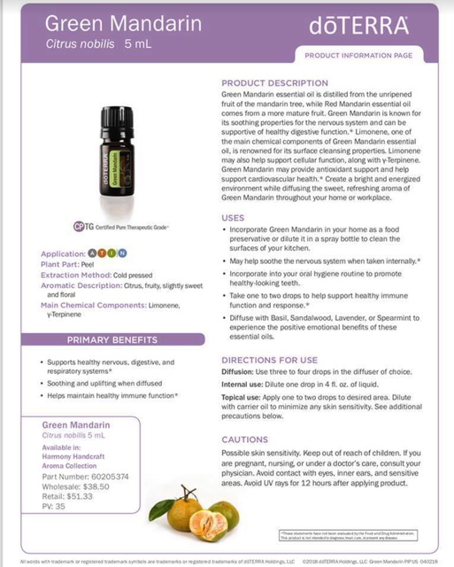 doTERRA Green Mandarin 15ml Therapeutic Essential Oil Aromatherapy Post ...