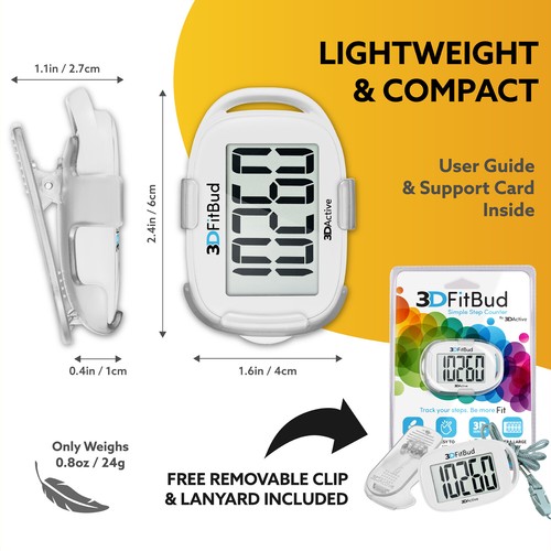 3DFitBud Simple Step Counter Walking 3D Pedometer with Clip and Lanyard ...
