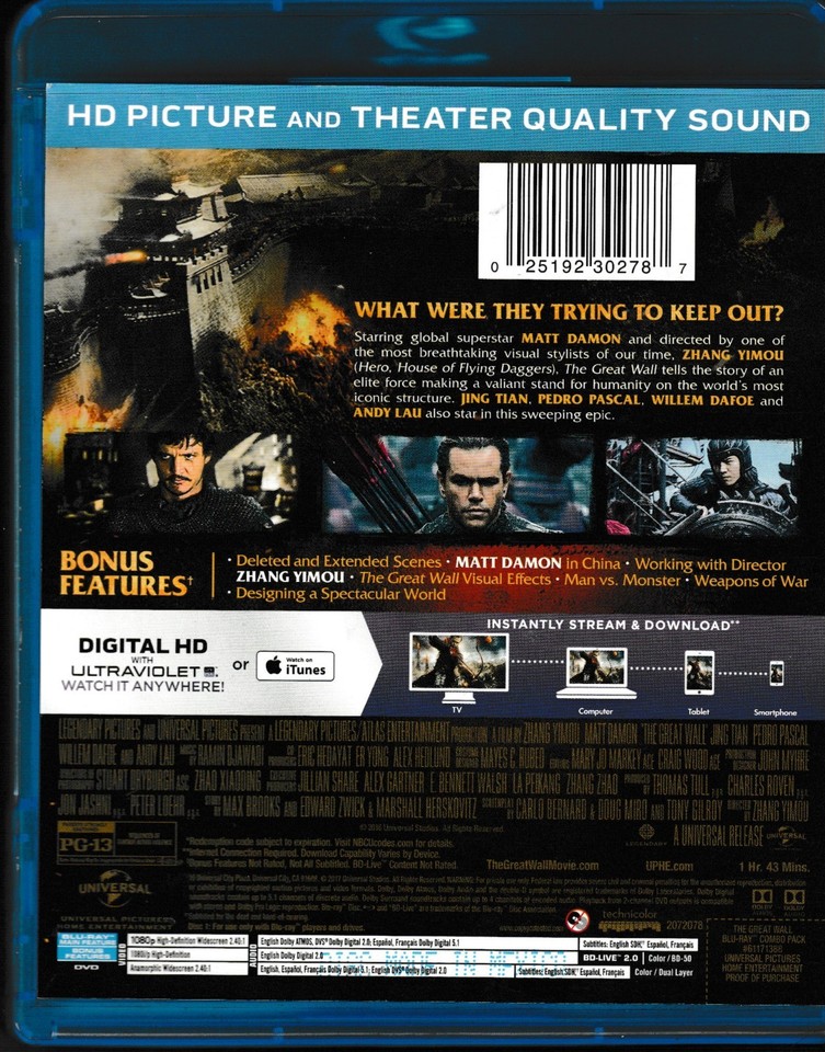 The Great Wall (Blu-Ray/DVD, 2017) ~~stars Matt Damon & Pedro Pascal ...