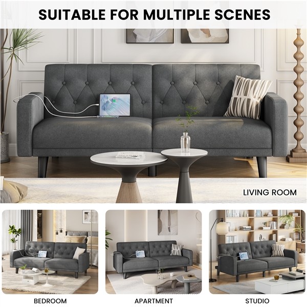 63in Convertible Futon Sofa Bed w/ USB Ports for Small Spaces Apartment ...