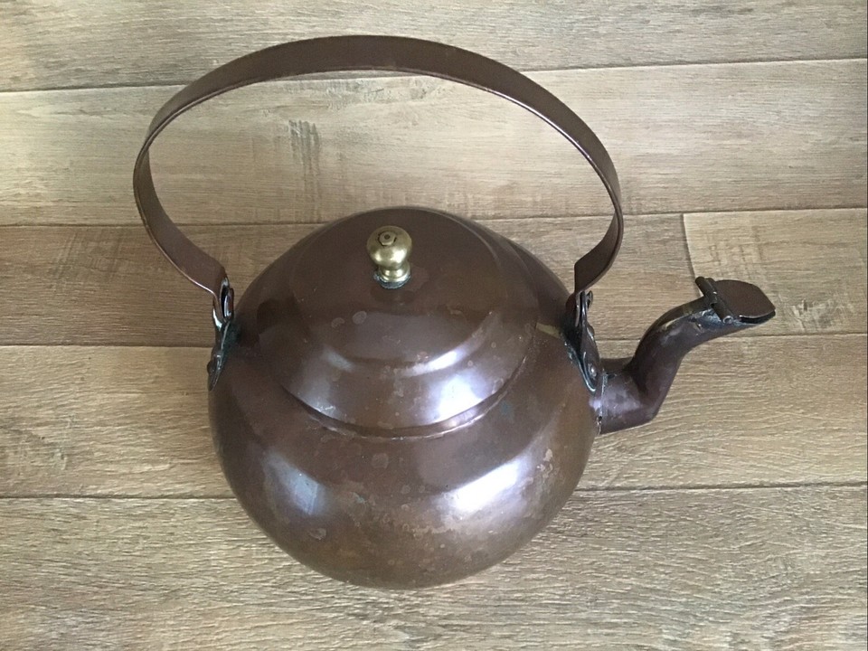 ANTIQUE DUTCH COPPER BRASS KITCHEN OVAL STOVE TEA POT KETTLE WITH SPOUT ...
