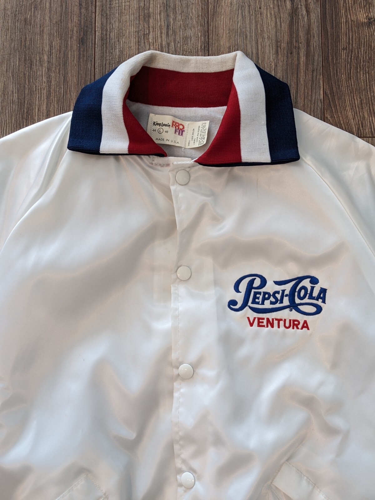VTG 80s Pepsi Cola Jacket Ventura White Embroidered Satin Coaches - L ...