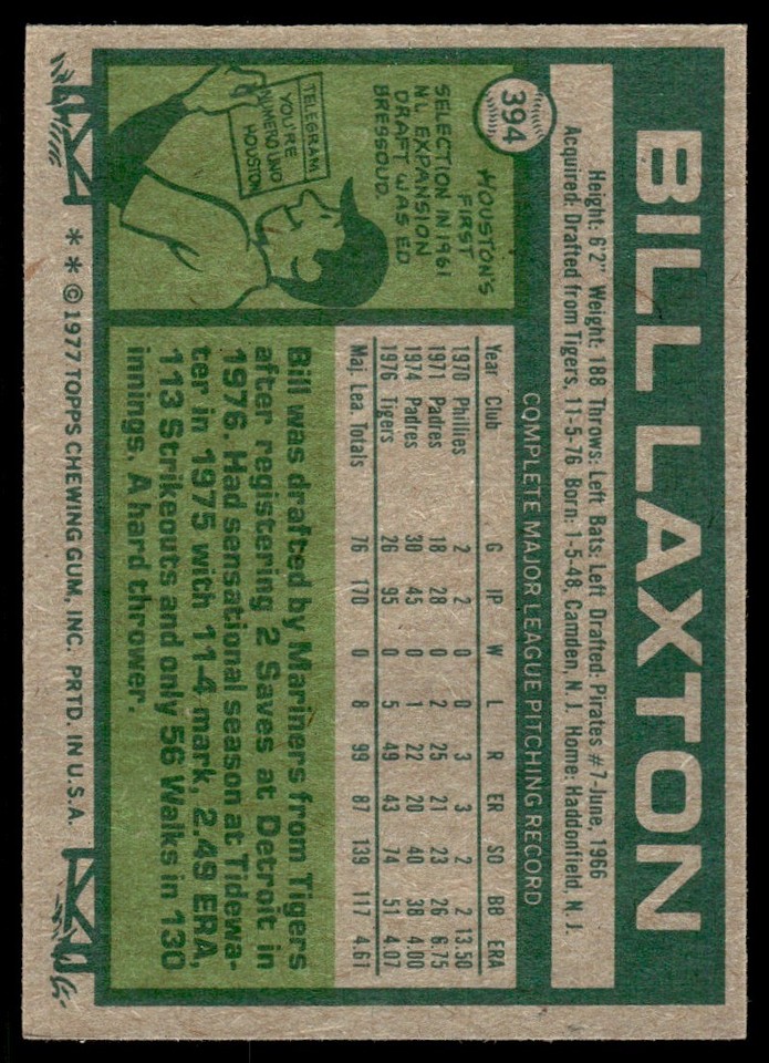 1977 Topps Bill Laxton Rookie Seattle Mariners #394 | eBay