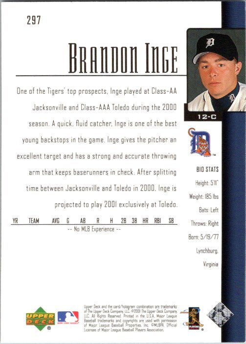 2001 Upper Deck #297 Brandon Inge - Star Rookie RC | eBay