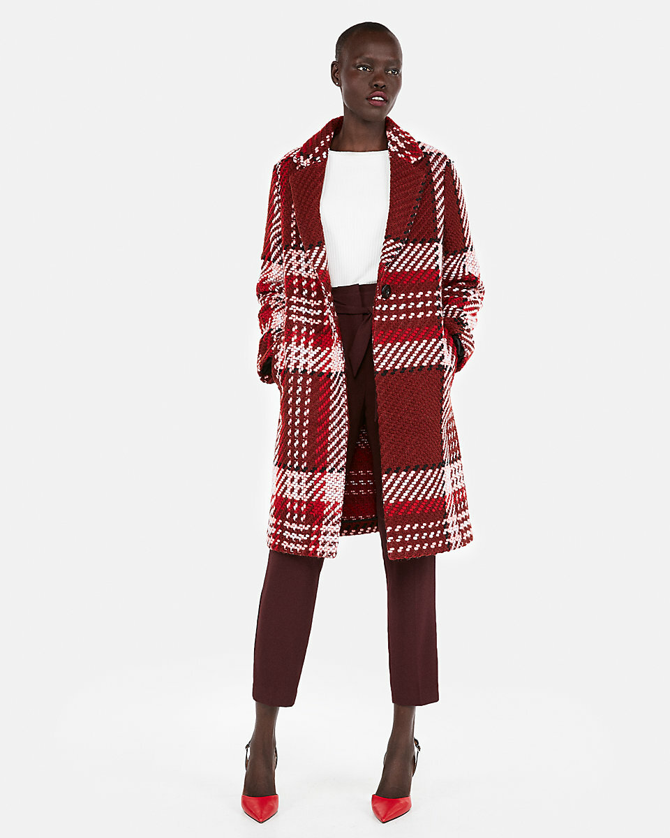 NEW EXPRESS $228 RED PLAID ONE BUTTON CAR COAT SZ S SMALL | eBay