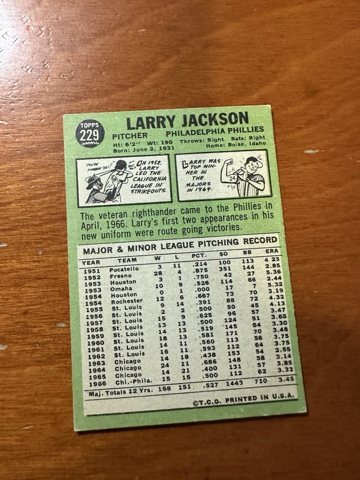 1967 TOPPS #229 LARRY JACKSON PHILADELPHIA PHILLIES PITCHER *FREE ...