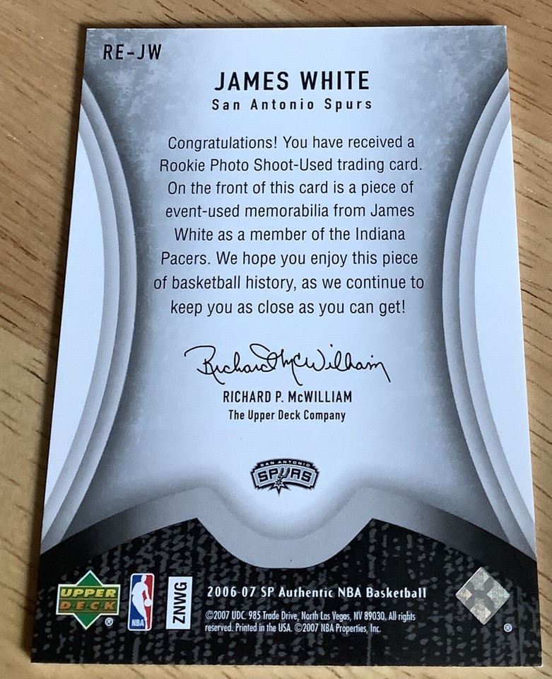 JAMES WHITE 2006-07 SP Authentic Rookie Exclusives Jersey Spurs Card # ...