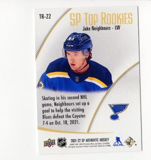 2021-22 UD SP Authentic Jake Neighbours #TR-22 SP Top Rookies St. Louis ...