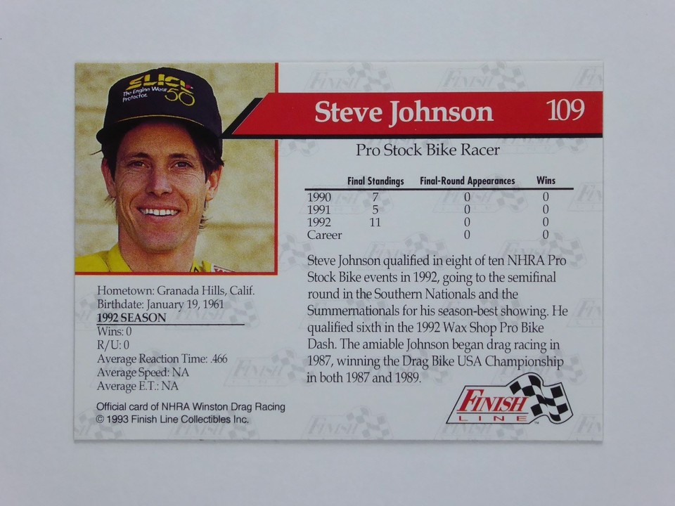 Steve Johnson 1993 Finish Line Signed NHRA Pro Stock Bike Racer ...