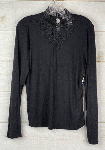 American Rag Cie Top Jr Sz XL Black Lace Neck Ribbed Stretch Long ...