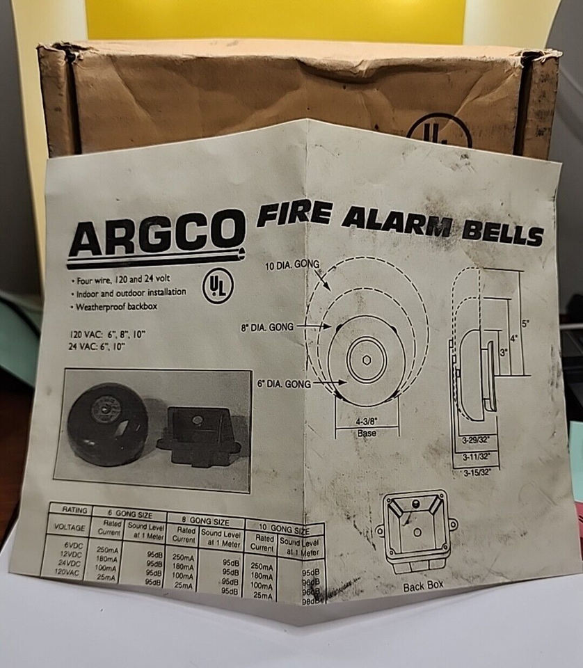 ARGO FIRE ALARM BELL 6" HC-1120 AC 120V / INDOOR AND OUTDOOR INST. [1RE2] | eBay