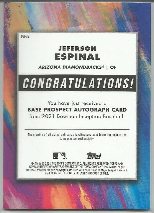 2021 Bowman Inception Baseball Jefferson Espinal Prospect Auto PA-JE ...