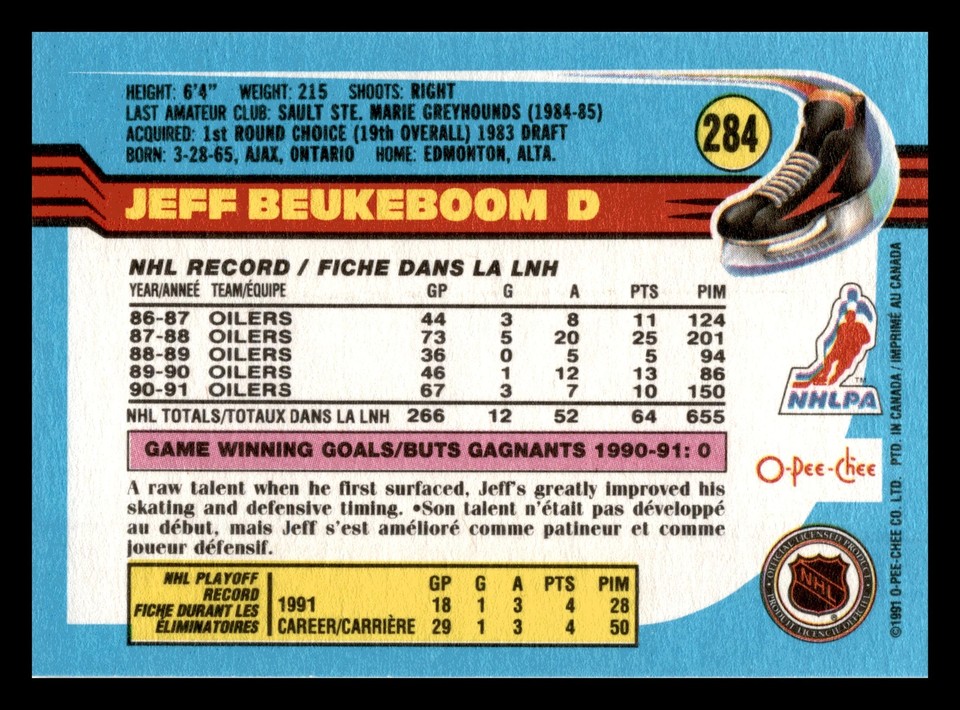 1991-92 O-Pee-Chee Jeff Beukeboom #284 Edmonton Oilers Mint | eBay