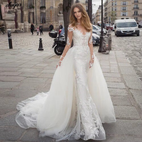 Charming Lace Garden Customized Wedding Dress Long Sleeve Sheer Arabic ...