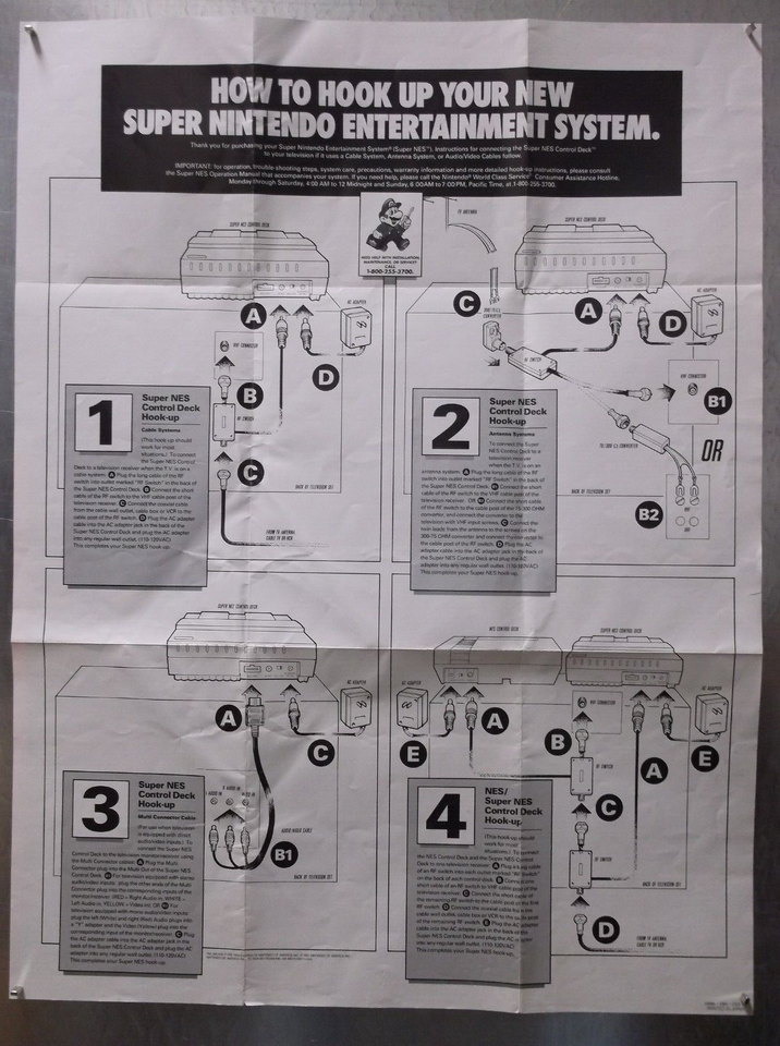 SNES SUPER NINTENDO Entertainment System 2-sided Set Up Instructions ...